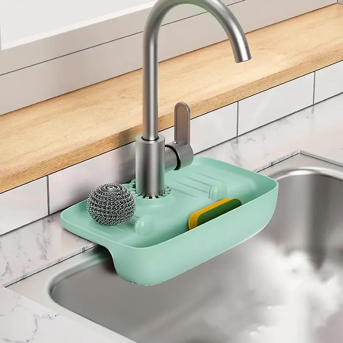Multi-Purpose Sink Caddy, Sponge and Utensil Holder. Sink Organizer & Dish drain, Kitchen, Bathroom, RV, Silicone Soap Tray and Drain Rack, Faucet Splash Mat & Basket (Sea Foam Green)