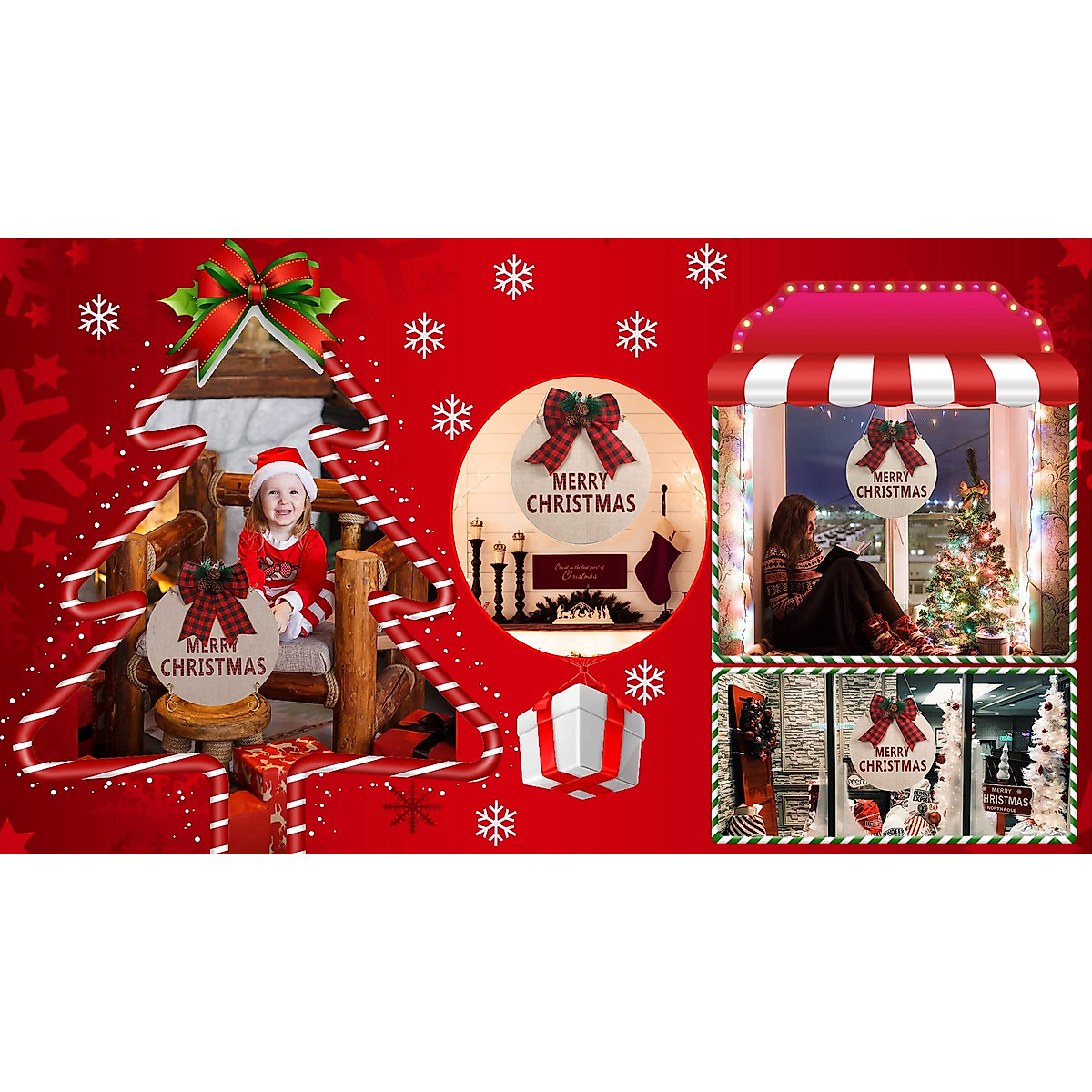 Merry Christmas Wreath Hanging Sign Front Door Round Wood Sign with Buffalo Check Bow, Rustic Xmas Linen Holiday Decor for Farmhouse Porch Living Room Home Garden Christmas Decoration.