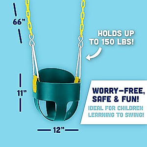 Original High Back Full Bucket Toddler Swing Seat with Plastic Coated Chains and Carabiners for Easy Install - Green - Squirrel Products