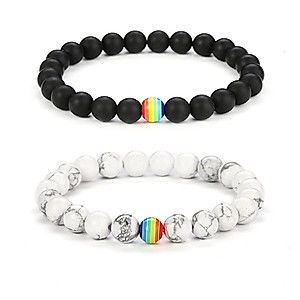 LGBT Natural Stone Bead Stretchy String Lesbian Gay Pride Bracelet Handmade Adjustable Rainbow Gemstone Seed for Men Women Friend LGBTQ Friendship Jewelry Birthday Gift-A black white