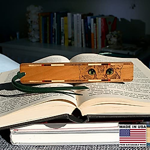 Cat Eyes, Engraved and Colorized Wooden Bookmark with Suede Tassel - Made in USA - Also Available Personalized