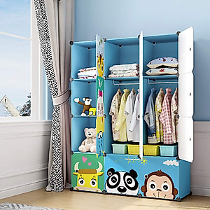 MAGINELS Kids Closet,Baby Wardrobe Closet with Door,Cute Portable Armoire Dresser,Clothes Hanging Storage Rack for Boy Bedroom,Blue,12 Cube(14x14inch)