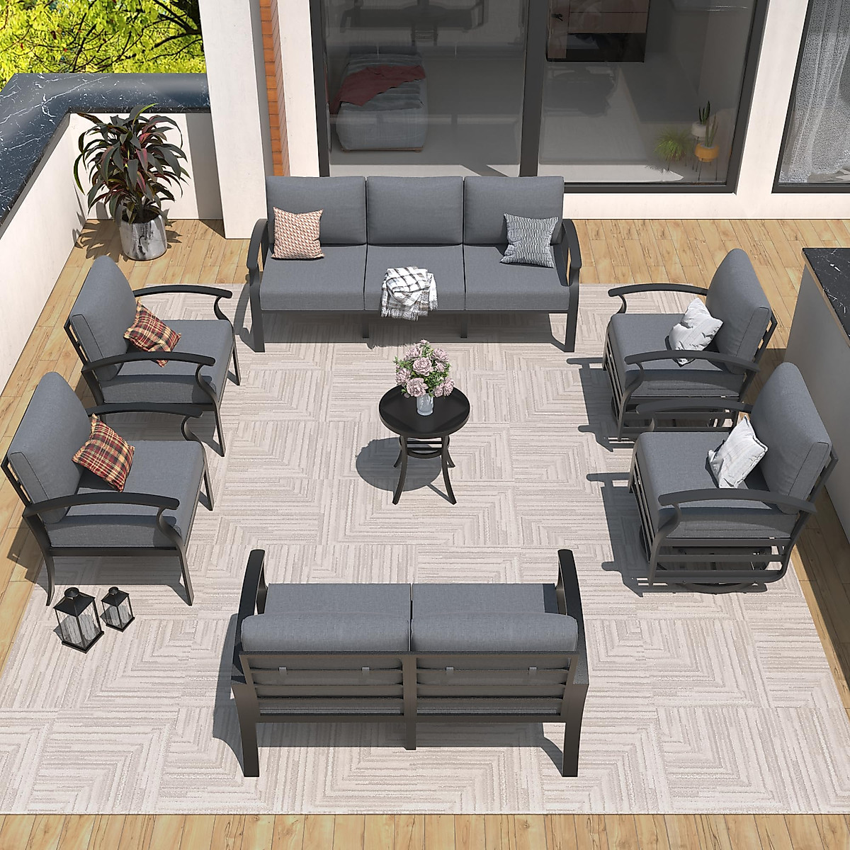 RTDTD Aluminum Patio Furniture Set, 9 Seats Outdoor Patio Conversation Set with Swivel Chair Modern Metal Patio Sectional Sofa with Upgrade Cushions for Patio, Backyard Grey