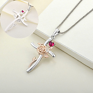 YL Cross Necklace 925 Sterling Silver Flower Rose Crucifix Pendant Created Ruby Criss Jewelry for Women