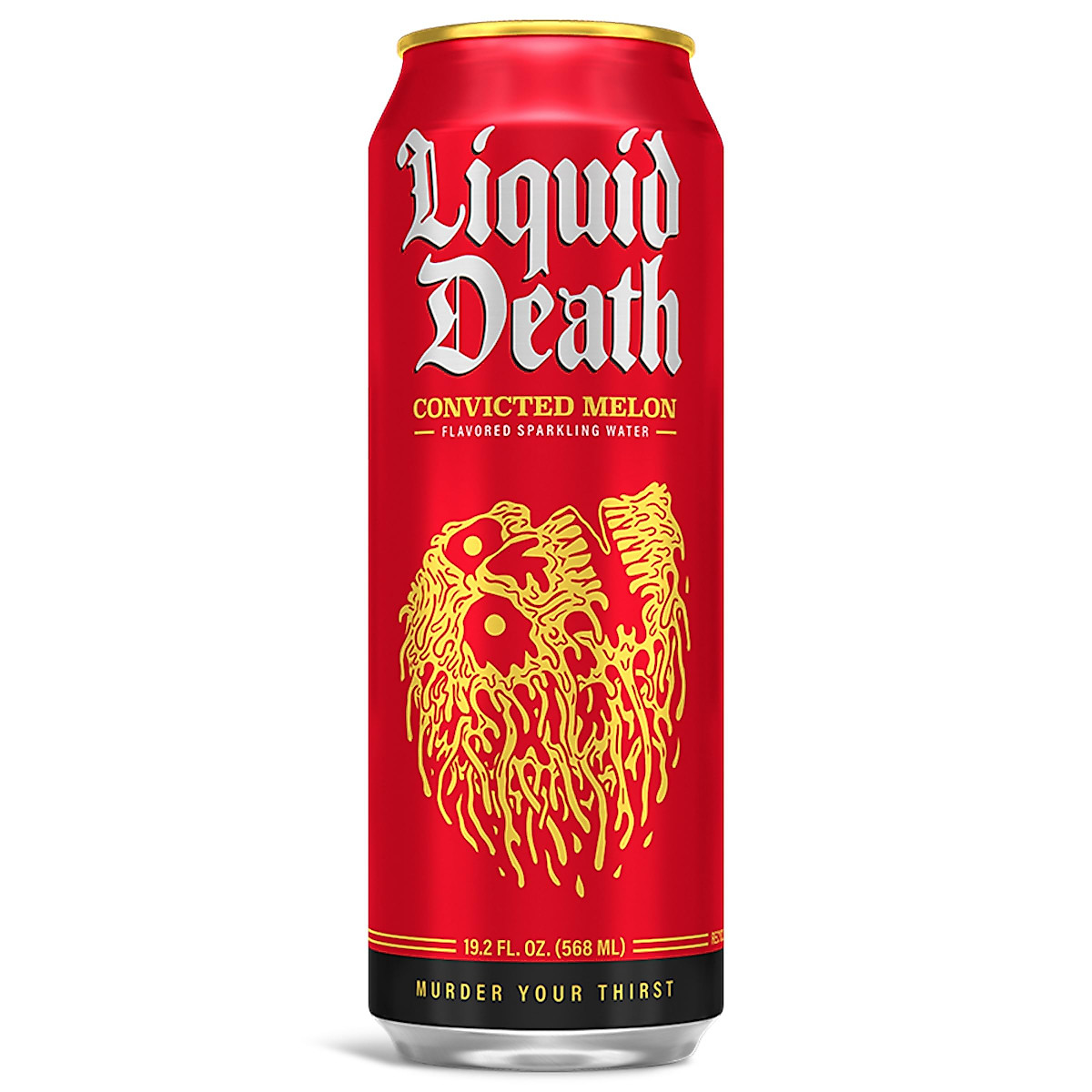 Liquid Death, Convicted Melon Sparkling Water, Watermelon Flavored Sparkling Beverage Sweetened With Real Agave, Low Calorie & Low Sugar, 8-Pack (King Size 19.2oz Cans)
