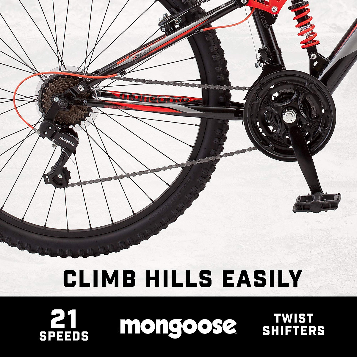Mongoose Status 2.2 Mountain Bike for Men and Women, 26-Inch Wheels, 21-Speed Shifters, Aluminum Frame, Front Suspension, Black/Red