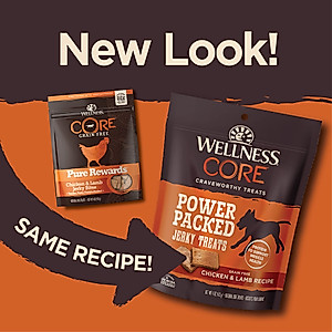 Wellness CORE Power Packed Dog Treats, Grain-Free Tender Jerky Treats, Made in USA (Chicken & Lamb Recipe, 4-Ounce Bag)