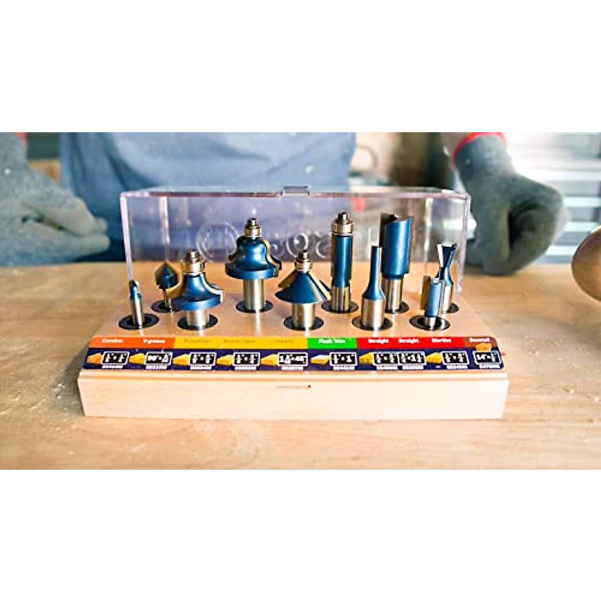 BOSCH RBS010 10-Piece 1/2 In. and 1/4 In. Shank Carbide-Tipped All-Purpose Professional Router Bits Assorted Set with Case for Applications in Straight, Trimming, Decorative Edging, Dovetail Joinery