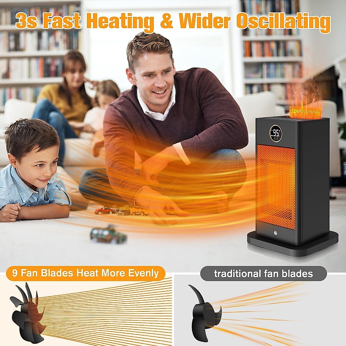 Space Heaters for Indoor Use,1500W PTC Space Heater Large Room,2s Fast Heating Heater with Sensor/Humidifier/3D Flame Effect/Oscillating,Heater for Bedroom,Office,Heat Up 260 sq.ft