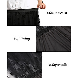 Women's A Line Tulle Midi Skirt Tutu Tiered Petticoat Skirts Tea-Length Elastic Waist Tutu Skirts (Flower Black 3 Layer)