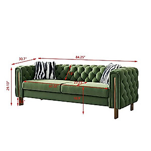 Melpomene Modern Button Tufted Velvet Sofa, Chesterfield Sofa with Square Arm,Gold Metal Legs and 2 Throw Pillows for Living Room(Mint Green)