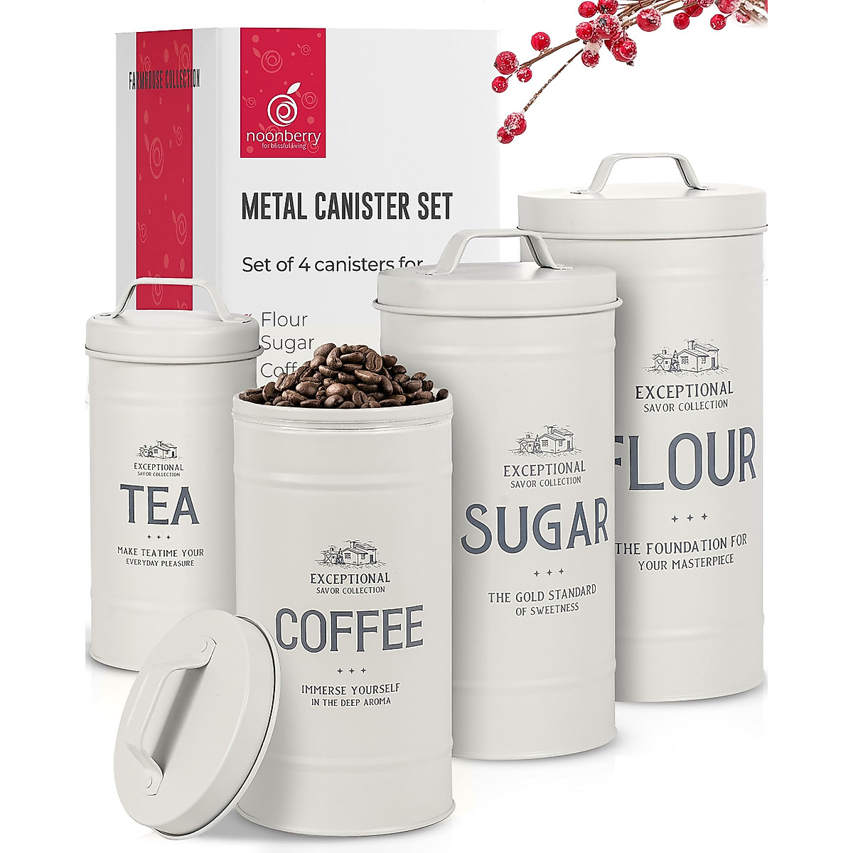 noonberry Canisters for Kitchen Counter, Set of 4 - Airtight Coffee Tea Flour Sugar Canisters Sets for the Kitchen Countertop, Rustic Farmhouse Canister Set