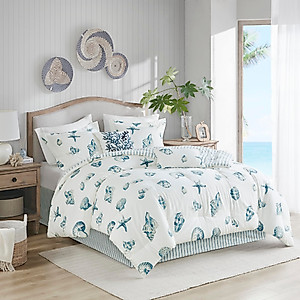 Harbor House Cozy Cotton Comforter Set - Coastal, All Season Down Alternative Casual Bedding with Matching Shams, Decorative Pillows, Beach House, Reversible Seashell Blue Twin(72"x90") 3 Piece