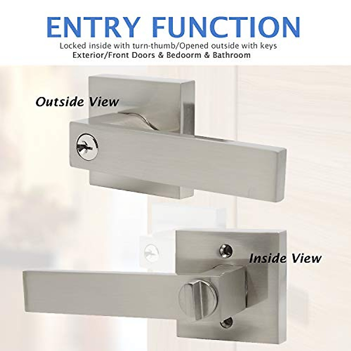 Knobonly Keyed Alike Entry Door Levers One Keyway Entrance/Front Door Handles with Same Keys Satin Nickel, Heavy Duty Keyed Exterior Door Locksets Door Handle Set, Combo Pack of 3