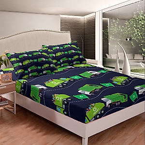 Garbage Trucks Fitted Sheet Twin Size Kids Cartoon Car Bedding Set for Boys Teens Rubbish Car Bed Sheet Set Breathable Vehicles Blue Green Bed Cover Room Decor