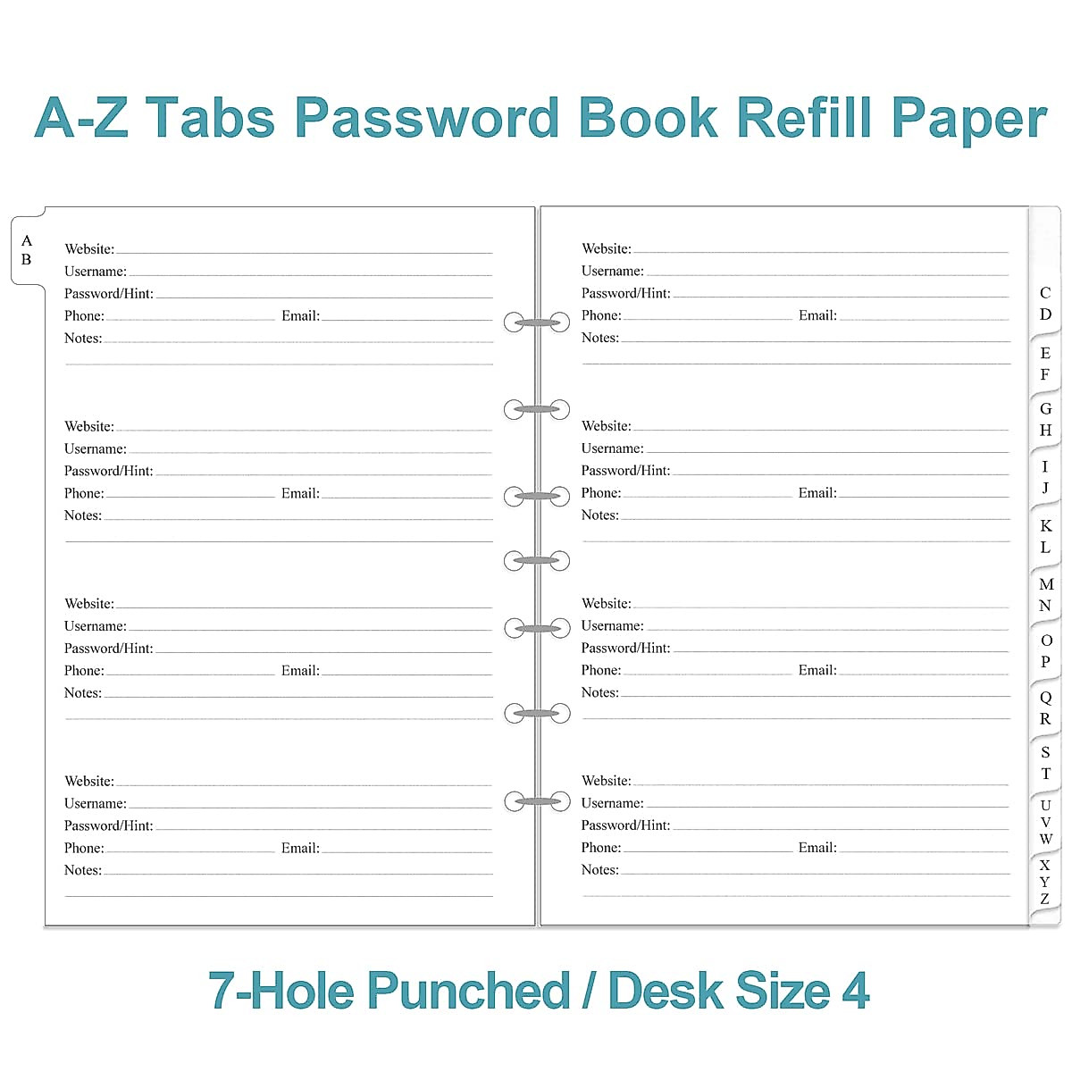 Password Book Refills - A-Z Password Notebook Refill Paper with Alphabetical Tabs, 120gsm White Paper, 7-Hole/Desk Size 4, 5.8" x 8.3"