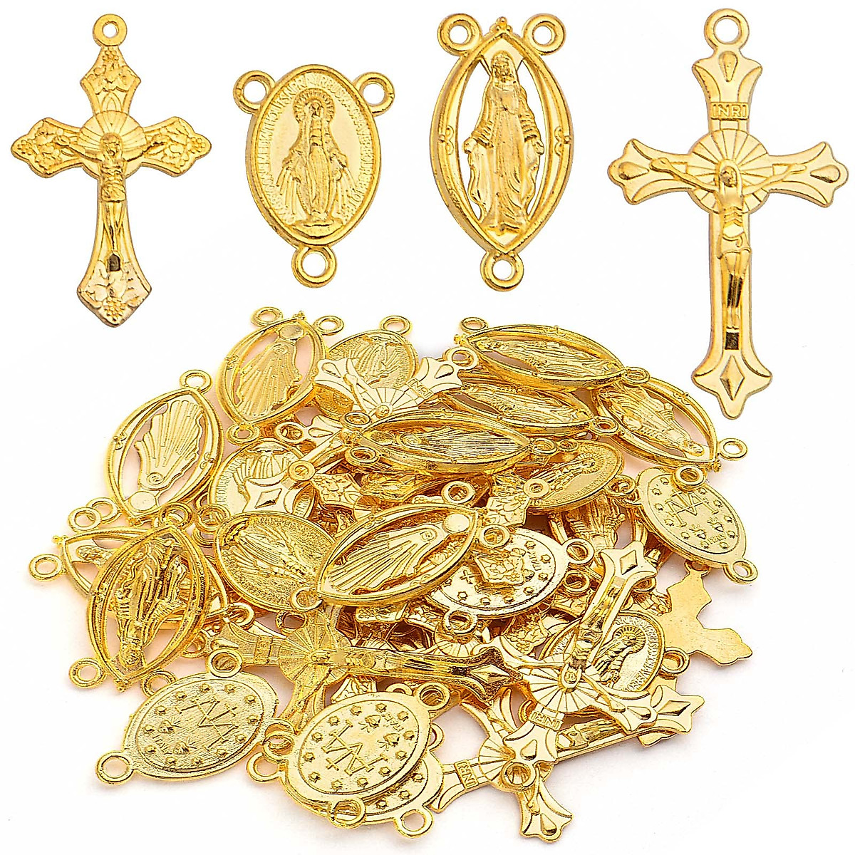 Aylifu 40pcs Golden Rosary Cross Charms and Center Miraculous Medal with Maria Crucifix Cross Pendants and Oval Chandelier Links for Easter Holidays Rosary Jewelry Making, 4 Styles