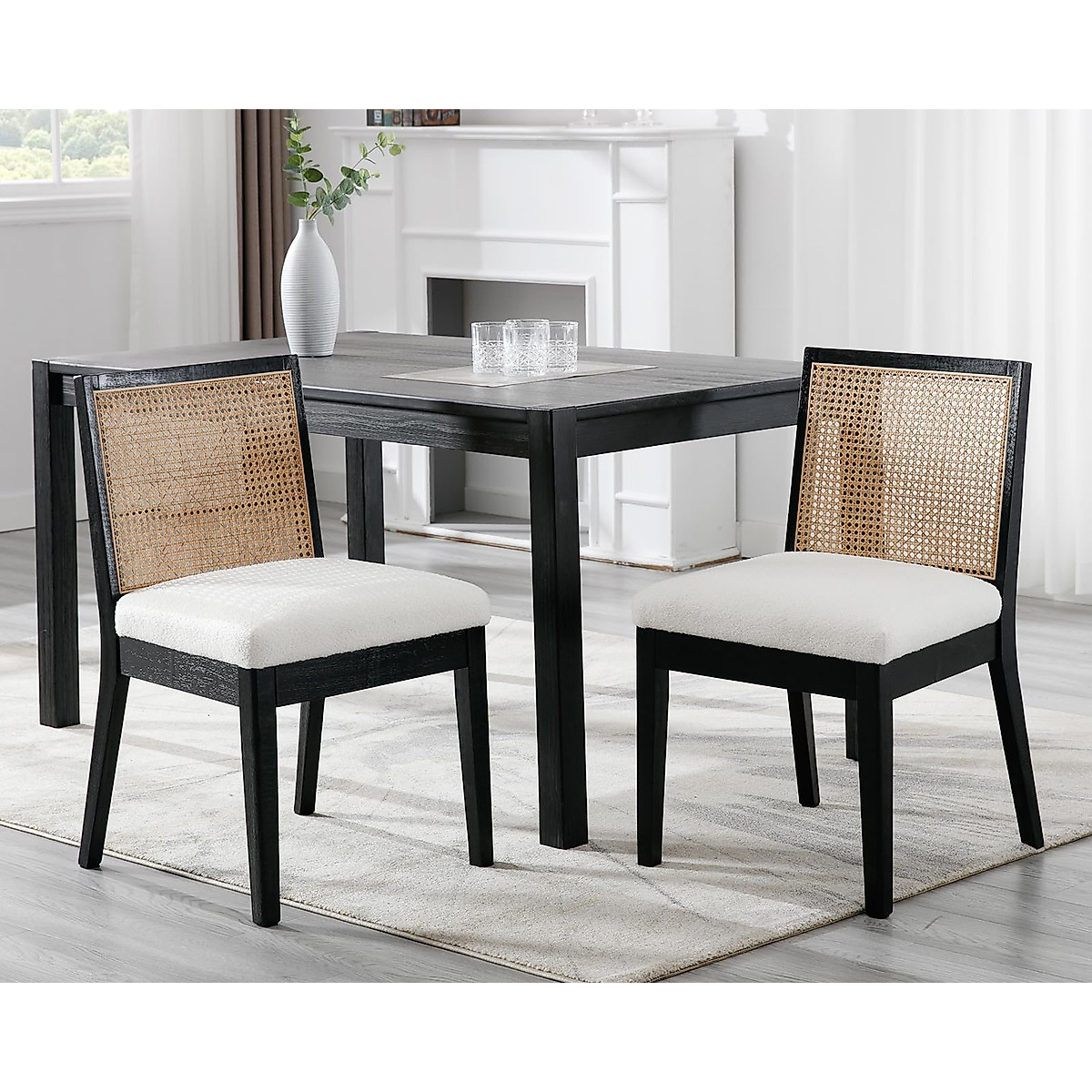 Farmhouse Rattan Dining Chairs Set of 4, Mid Century Modern Sherpa Boucle Kitchen & Dining Room Chairs, Upholstered Black Cane Dining Chair Kitchen Chairs Side Chairs with Black Hardwood Frame, White