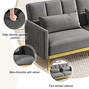 VICLLAX Futon Sofa Bed, Velvet Convertible Couch with Adjustable Backrests and Armrests, Modern Loveseat, Tufted Sleeper Sofa with Two Bolster Pillows for Living Room, Grey