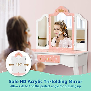 OOOK Kids Vanity Set, Girls Vanity Set with Mirror and Stool, Makeup Vanity Dressing Table for Kids, Premium Child Vanity Set as Gift, Wooden Pretend Kids Vanity Set for Little Princess.