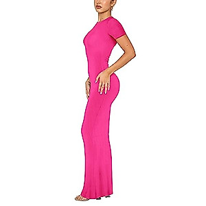 REORIA Women's Summer Sexy Casual Lounge Long Dress Elegant Wedding Guest Short Sleeve Crew Neck Bodycon Maxi Dresses Rose Red Medium
