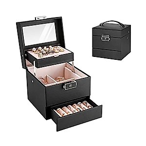 ProCase Jewelry Box for Girl Women Traveling, Ideal Gift Small 3 Layers Jewelry Organizer Display Storage Holder Case with Mirror Lock for Earrings Rings Necklaces Bracelets -Black
