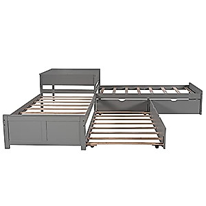 L Shaped Platform Bed with Trundle and Drawers, Wooden Twin Corner Bed Frame Linked with Built-in Desk for 3 People, Gray