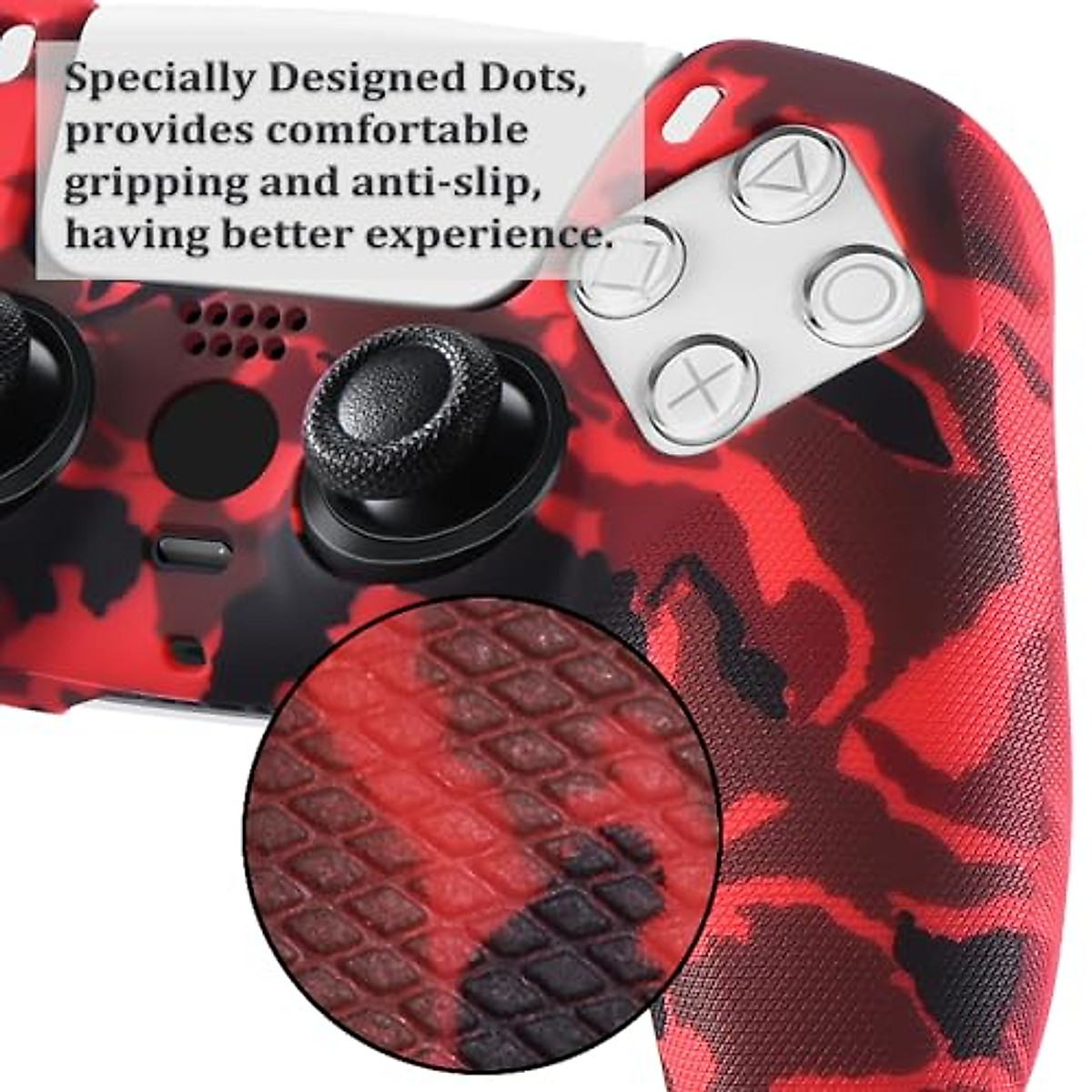 YoRHa Grip Texture Printing Silicone Cover Skin for PS5 Controller x 2(Camouflage Red+Blue) with Pro Thumb Grips x 8
