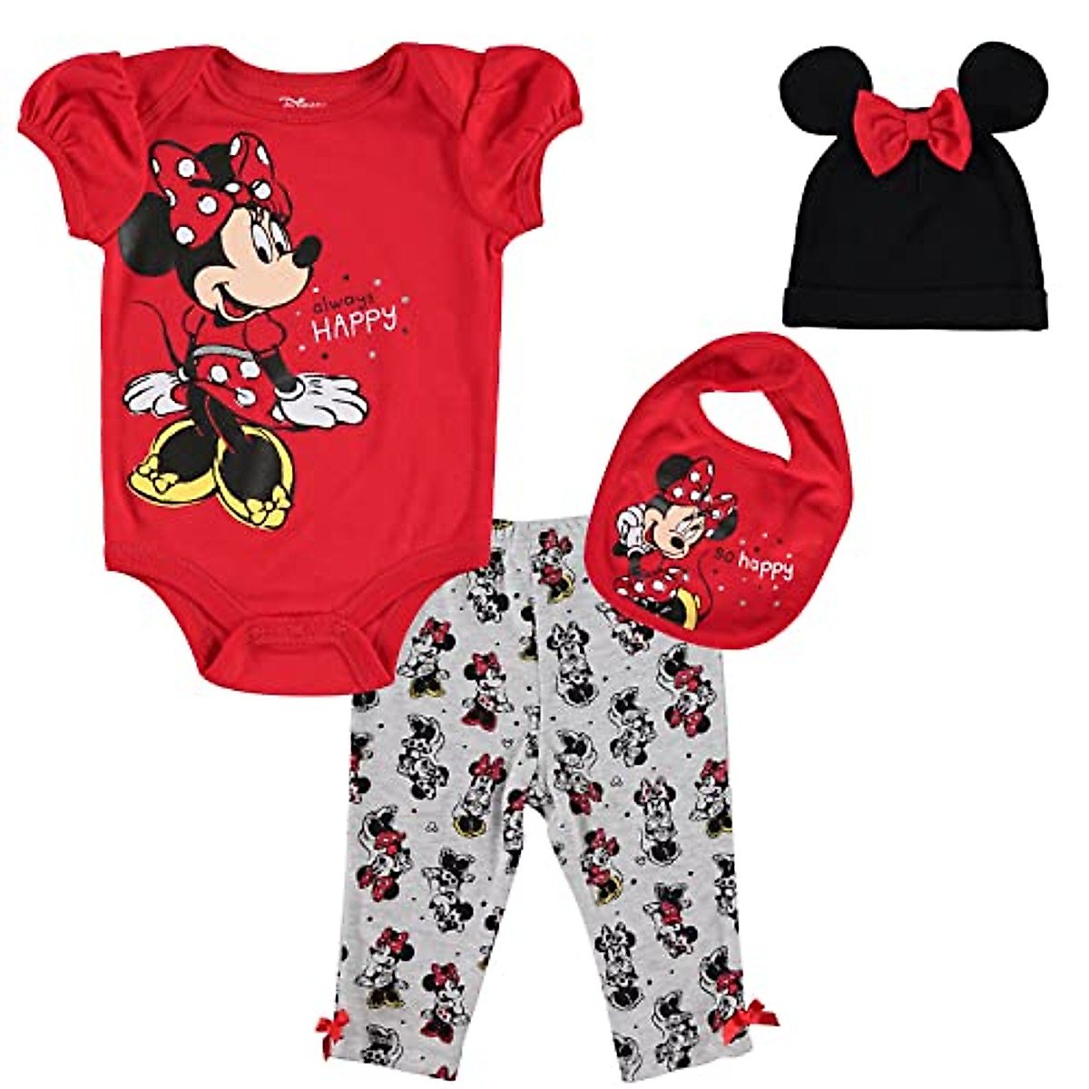 Disney Minnie Mouse Newborn Baby Girls 4 Piece Outfit Set: Bodysuit Pants Bib Hat Red 3-6 Months