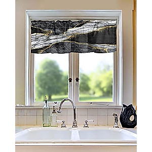 Kitchen Cafe Valance Curtain for Small Windows,Black White Marble with Gold Stripe Rod Pocket Short Blackout Curtains,Abstract Stone Agate Texture Window Treatment for Living Room Bedroom Bathroom