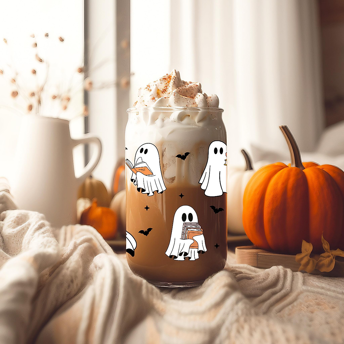 Fairy's Gift Ghost Reader Halloween Cup, Cute Halloween Spooky Gifts for Book Lovers, 16 oz Iced Coffee Cup with Lid Straw, Book Themed, Bookworm, Bookish Gifts for Women Book Lover Librarian