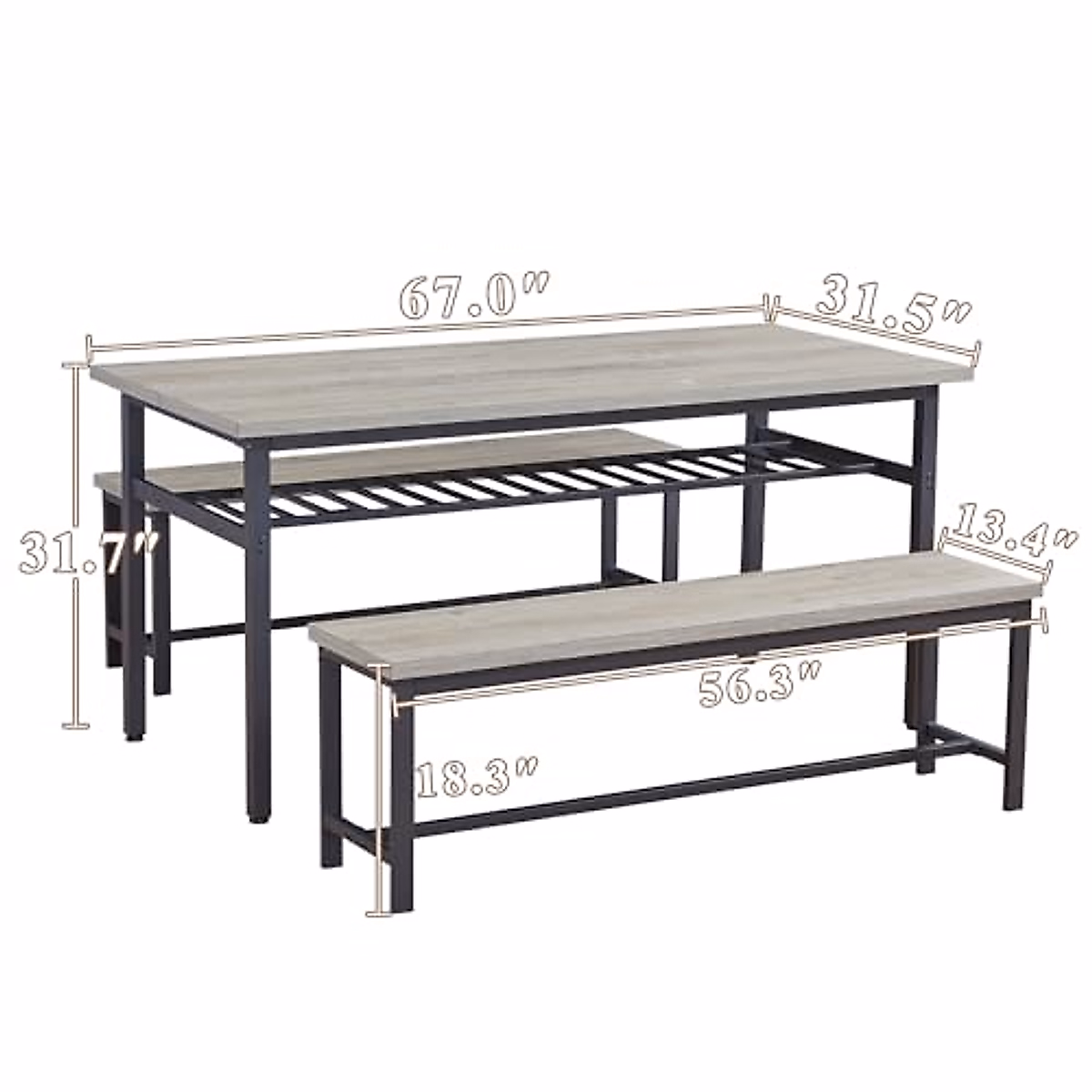 Rovibek 2 Benches Dining Table Set, Modern Space Saving Kitchen Desk, Wooden Industrial Style Farmhouse, 67", Grey