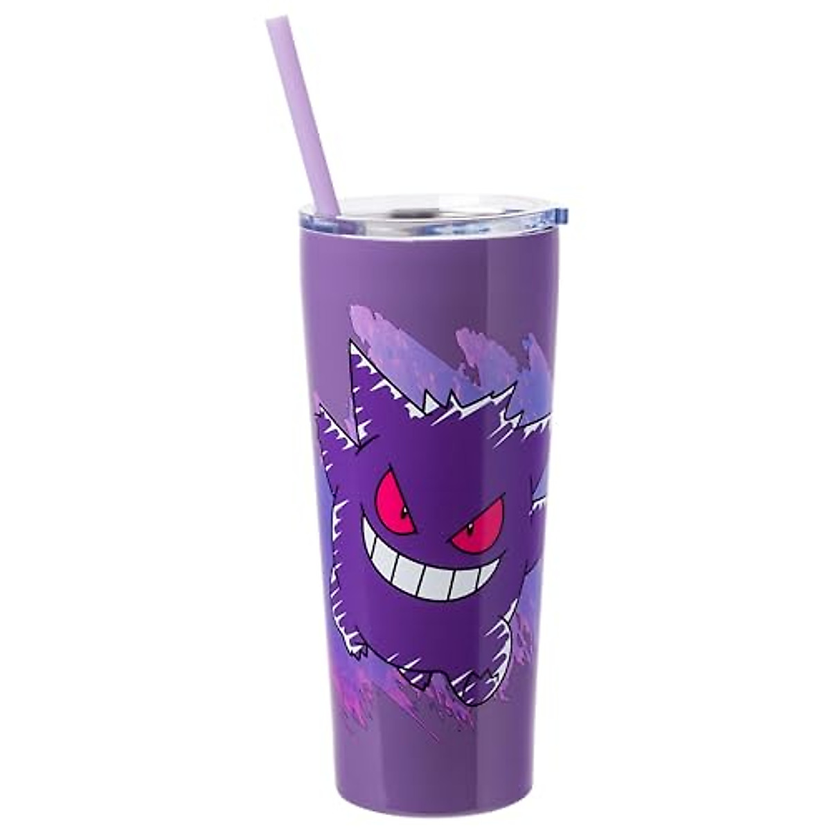 Silver Buffalo Pokemon Gengar Double-Walled Stainless Steel Purple Tumbler with Lid and Reusable Straw, 22 Ounces