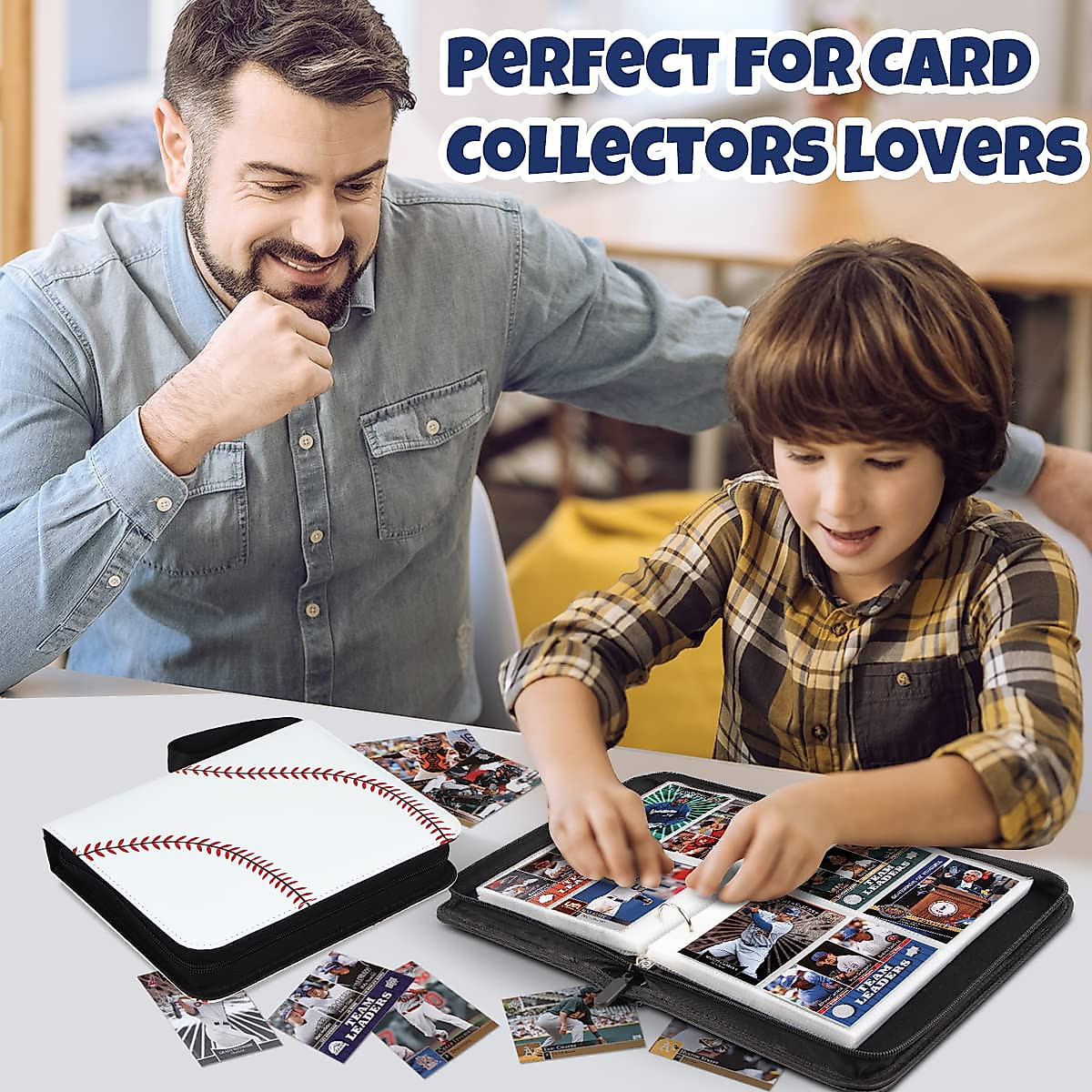 MIXPOET Baseball Card Binder with Zipper, 4 Slots - Fit 400 Cards, Waterproof Card Album Holder Protectors Storage Book Fit Football, Baseball, Sport Cards and Other Trading Cards (White Stitches)