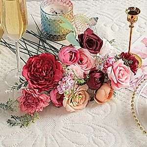 Kuujojo Artificial Flowers Combo, Fake Flowers for DIY Tables Centerpieces Baby shower Bridal Shower Wedding Bouquet Arrangements Party Candle Holder Cake Decor Flower Home Decorations (Burgundy Pink)