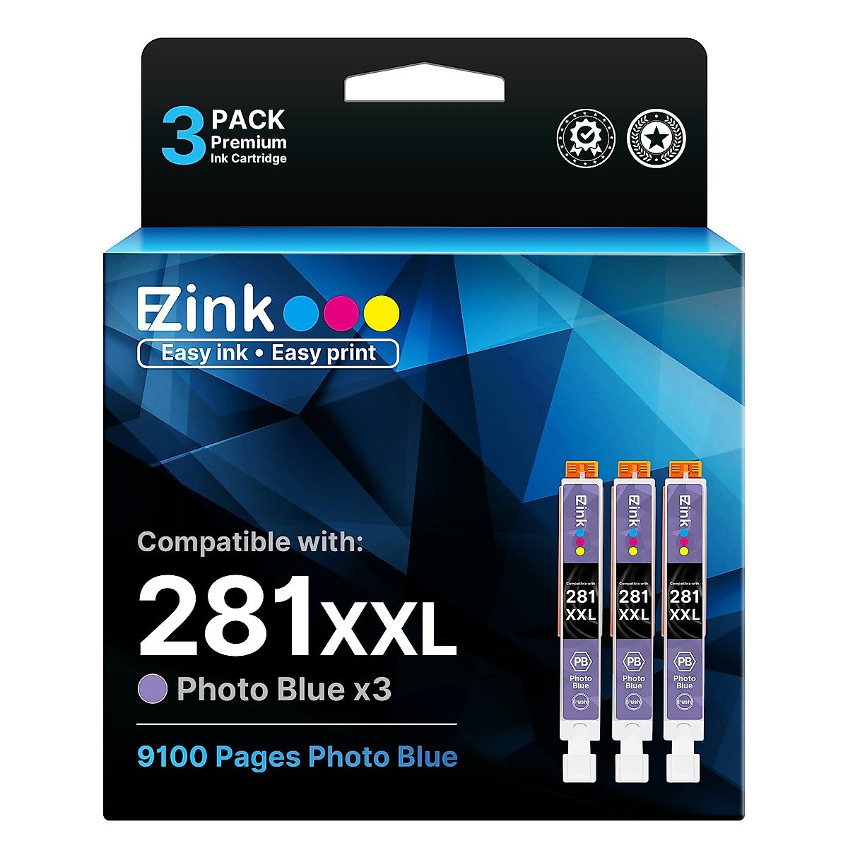 E-Z Ink (TM) Compatible Ink Cartridge Replacement for Canon CLI-281XXL CLI 281 XXL to use with PIXMA TS8320 TS8220 TS8120 TS9120（Photo Blue，3 Pack）