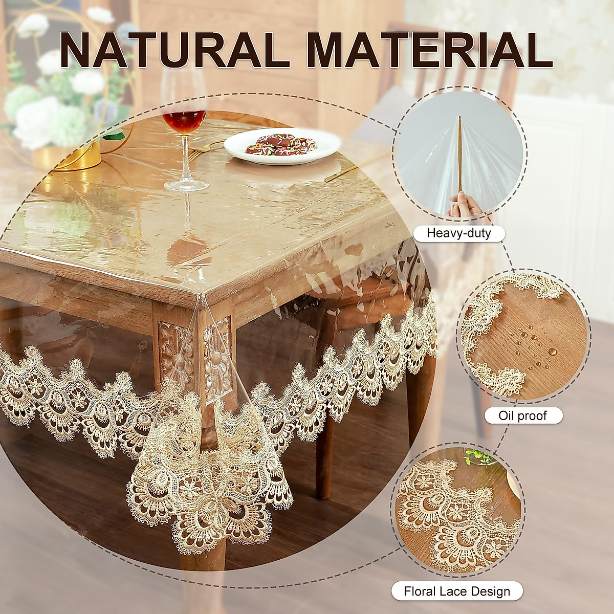 OOKSEN Table Cloth, Rectangle Clear Plastic Tablecloth Waterproof Vinyl Tablecloths Transparent Oil Spill Proof Wipeable Table Cover Protector for Kitchen Dining (Light Brown, 52" x 70")