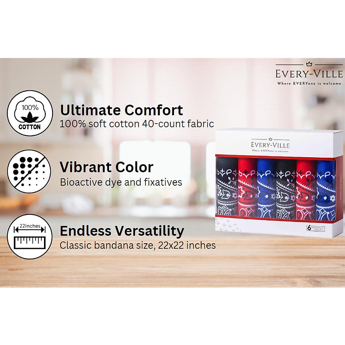 EVERY-VILLE Where EVERYone is Welcome 6-Pack Large Cotton Bandanas for Men - Paisley, 22x22 In, Red Black Blue - Cowboy Head Handkerchief Pocket Squares