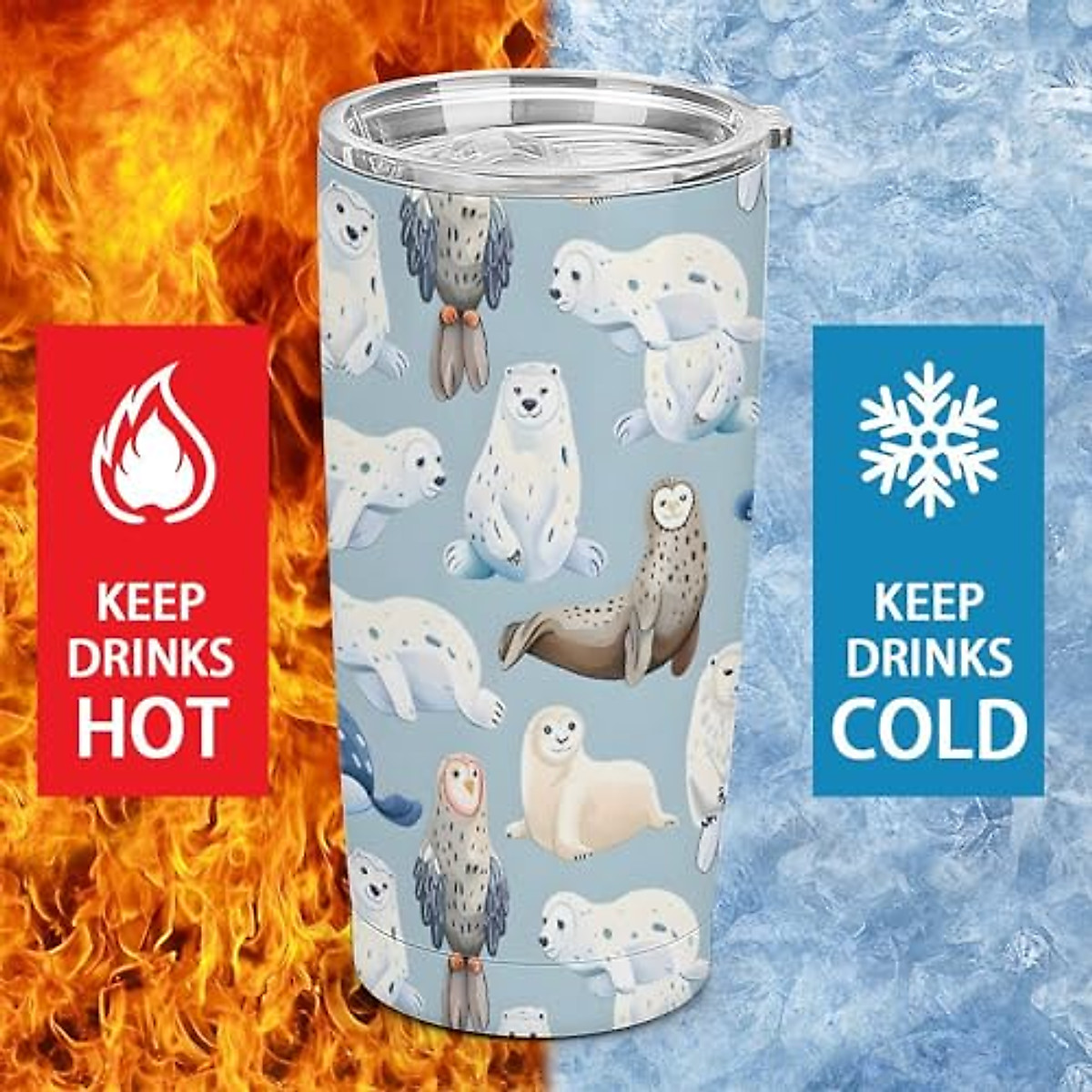 KIOWEIR Cute Seal Big White Bear Owl Stainless Steel Tumbler 20oz With Lid And Straw, Insulated Tumblers Coffee Cup, Travel Mug for Ice Drink & Hot Beverage for Women Men Boys Girls