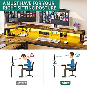 YITAHOME L Shaped Desk with Power Outlets & LED Lights, 65" Corner Computer Desk with File Drawer & Lift Top, Home Office Desk Height Adjustable Desk with Monitor Stand, Rustic Brown