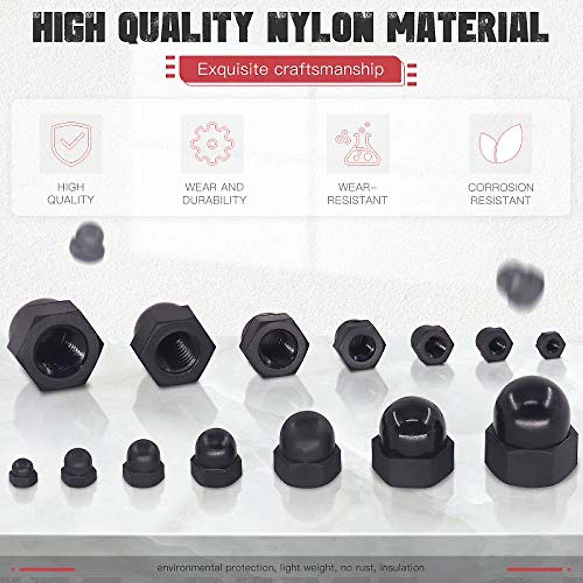 Hilitchi 7Sizes 100Pcs Black Nylon Acorn Nut Metric Inner Threaded Cap Nuts Assortment Kit M3 4 5 6 8 10 12 Dome Nuts