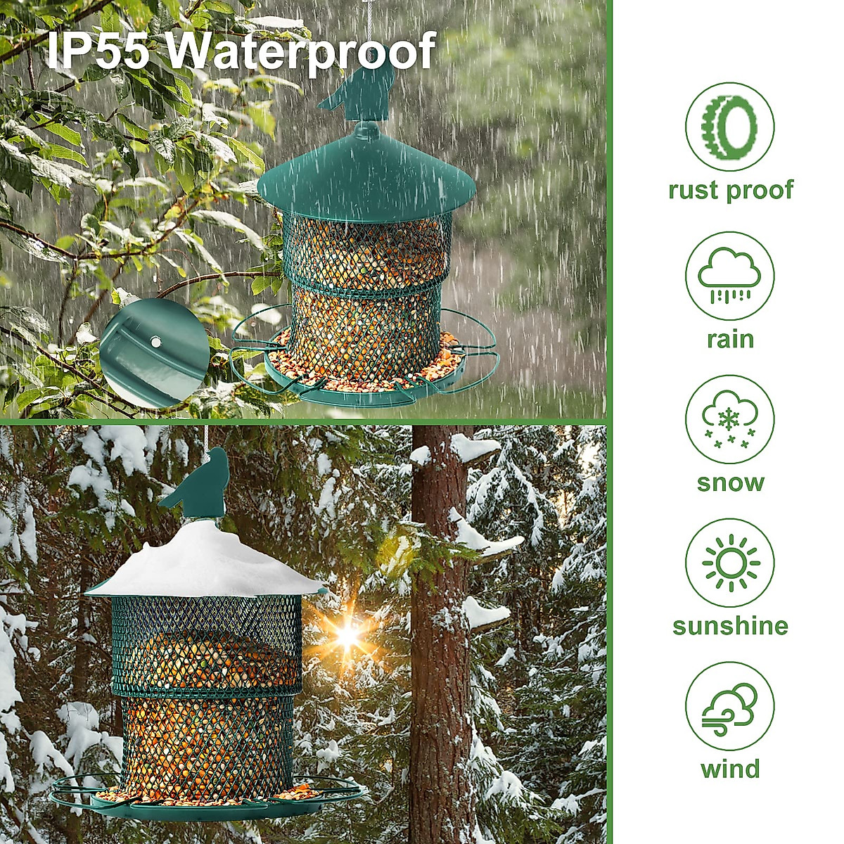 Bird Feeder for Outside Hanging,Squirrel Proof Metal Bird Feeder for Outdoor Wild Birds, 7.4 lb Seed Large Capacity Retractable Hanging Bird Feeders for Cardinal, Finch, Sparrow, Chickadee etc(Green)