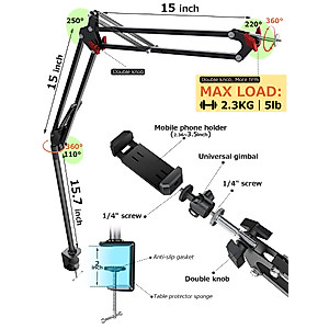 CACENCAN Overhead Camera Mount, 5lb Horizontal Load-Bearing, 360° Adjustable Camera Stand for Desk, Flexible Camera Arm Desk Mount, with Phone Clamp, Tabletop Mount for DSLR Camera/Webcam/Microphone