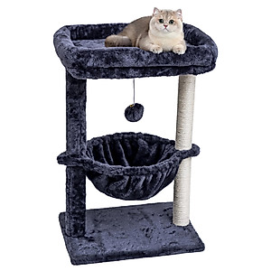SYANDLVY Small Cat Tree for Indoor Cats, Activity Cat Tower with Scratching Post for Kittens, Cat Condo & Furniture with Basket & Hanging Ball for Play Rest