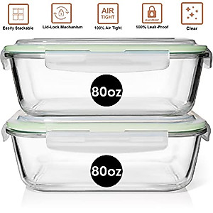 Razab 10 Cups/ 80 Oz 4 Pc (Set of 2) Glass Food Storage Containers with Airtight Locking Lids-For Storing & Serving Food. BPA Free & Leak Proof - Microwave, Dishwasher, Fridge, Freezer and Oven Safe