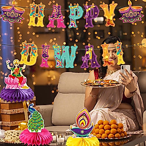 KYMY Happy Diwali Hanging Banner, Deepavali Rangoli Themed Hanging Pennants Wall Sign, Indian Festival of Lights Paper Cards Banner for India Festival Diwali Party Decorations