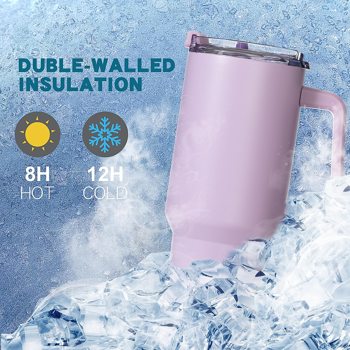 Gome 40 oz Tumbler with Handle - Stainless Steel Cup with Straw - Insulated Coffee Mug with Lid - Daisy Birthday Gifts for Women - Hand Wash Only Lavender purple