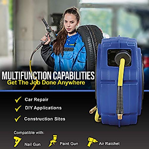 Goodyear Air Hose Reel Retractable 3/8" Inch x 65' Feet Premium Commercial Flex Hybrid Polymer Hose Max 300 Psi Heavy Duty Spring Driven Polypropylene Construction w/Lead-in Hose and PVC Handle