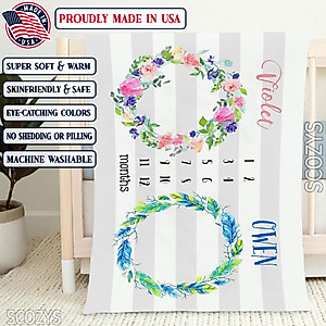 Twins Personalized Baby Monthly Blanket - Monthly Baby's Growth, Photo Prop, Perfect, Customized with Names, boy and Girl Blanket, Super Soft Plush Blanket for Baby for Kids