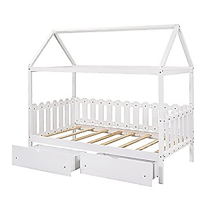 TARTOP Daybed with Drawers, Wood House Bed Tent Bed Twin Size with Drawers and Fence-Shaped Guardrail, for Toddlers/Teens/Girls/Boys, Kids House Bed Frame,White